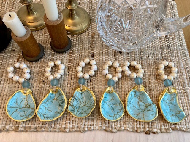 Six Oyster Shell Napkin Rings Turquoise Vines Grand Millennial ...