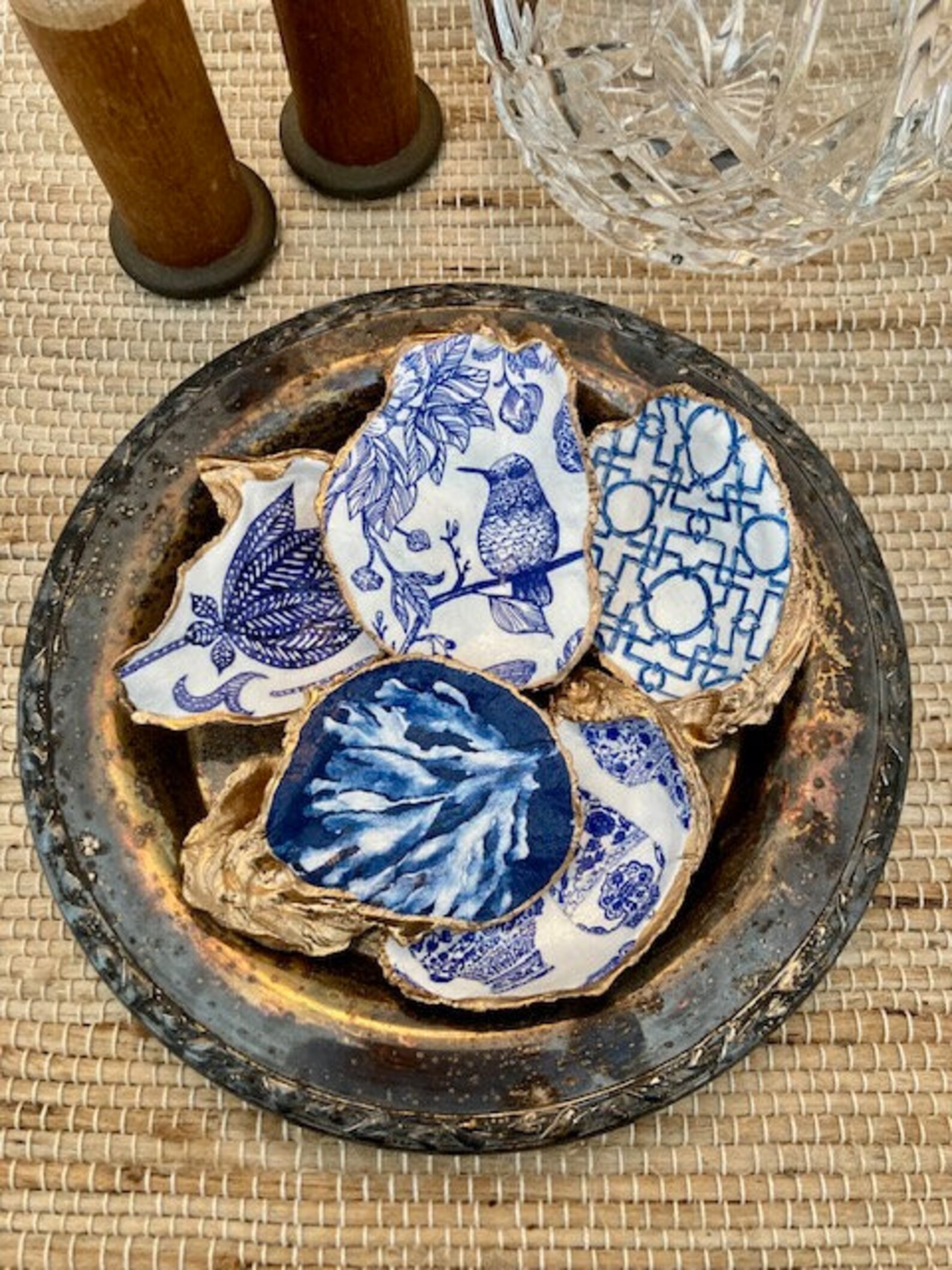 Blue Patterned Set of 5 Oyster Shell Tray Decor Trinket Dish Jewelry ...