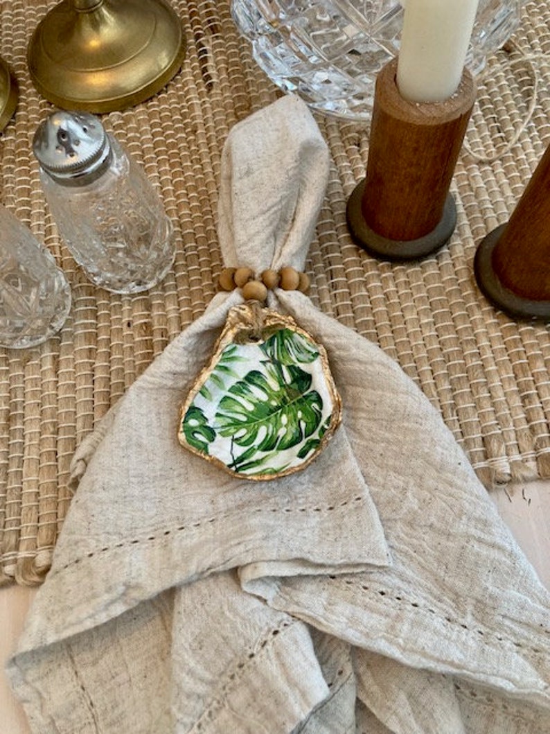 Oyster Shell Napkin Rings Monstera Decoupage Gold Paint Adorned With ...