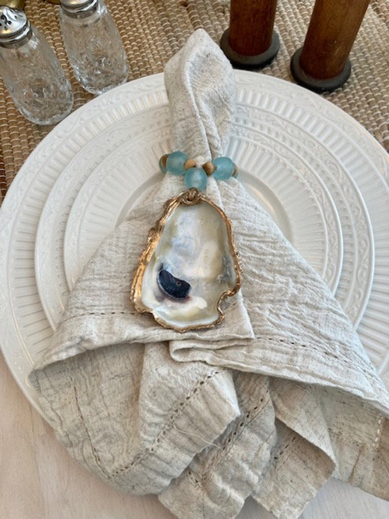 Statement Pieces Natural Oyster Shell Napkin Rings Gold Paint and ...