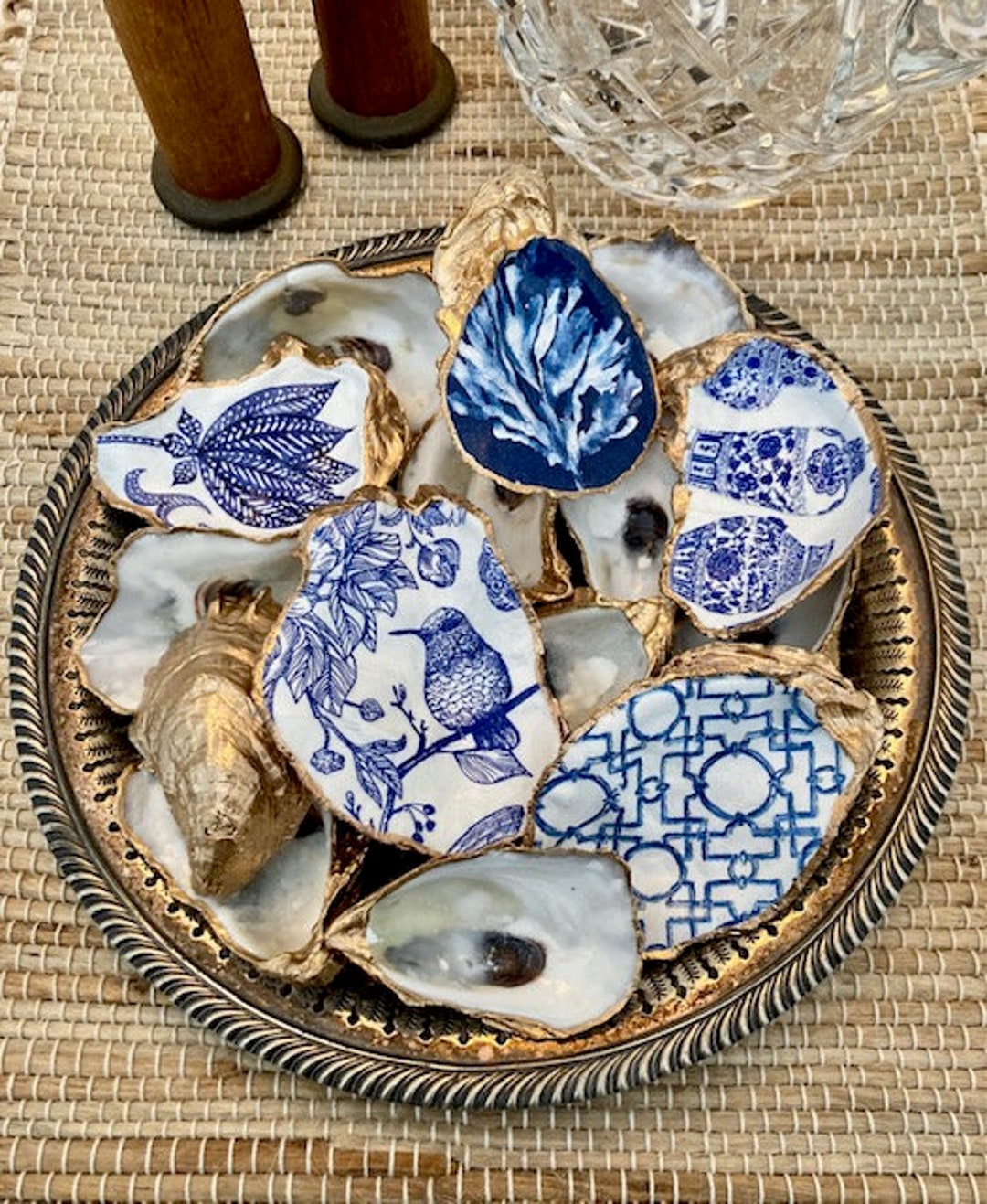 Blue Patterned Set of 5 Oyster Shell Tray Decor Trinket Dish Jewelry ...
