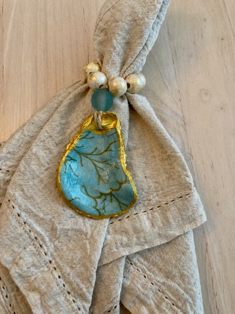 Six Oyster Shell Napkin Rings Turquoise Vines Grand Millennial ...