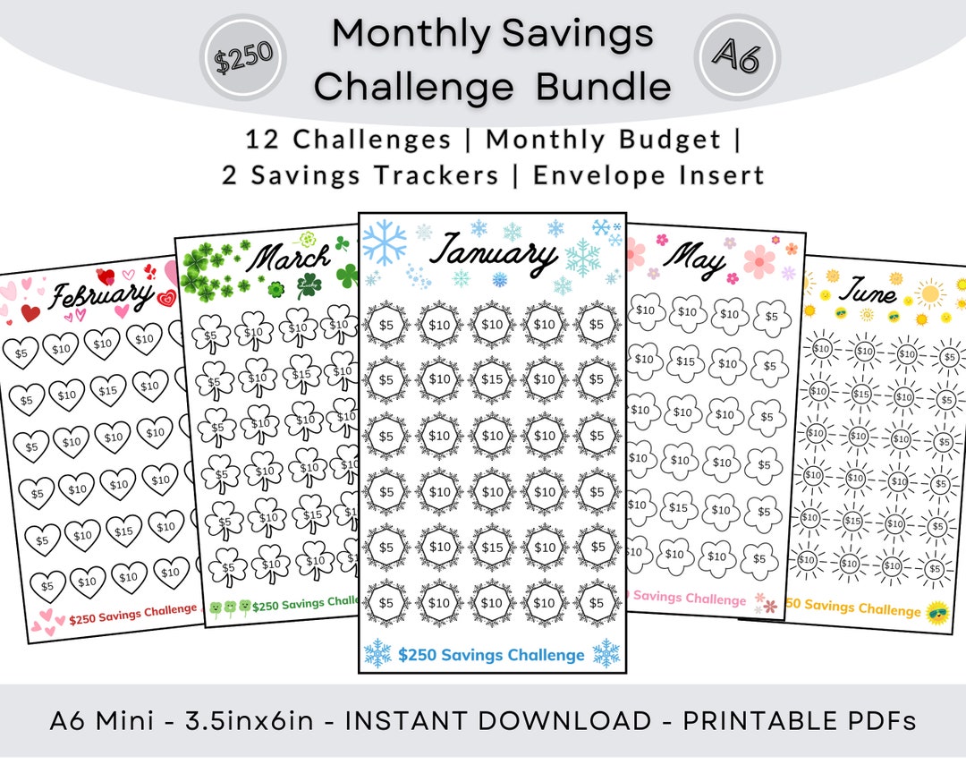 A6 Monthly Savings Challenge Bundle: 250 per Month (digital Download ...