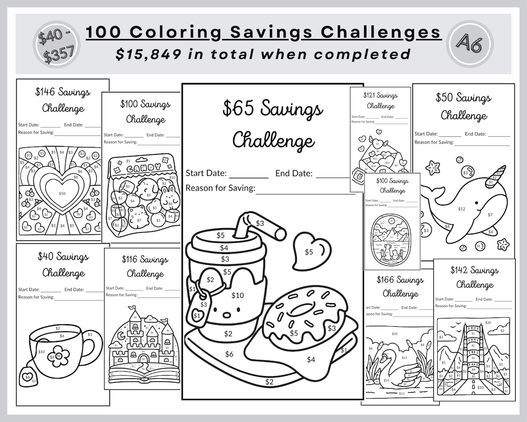 100+ Savings Challenge Coloring Pages Bundle: A6 Adorable V1-V5 Money ...