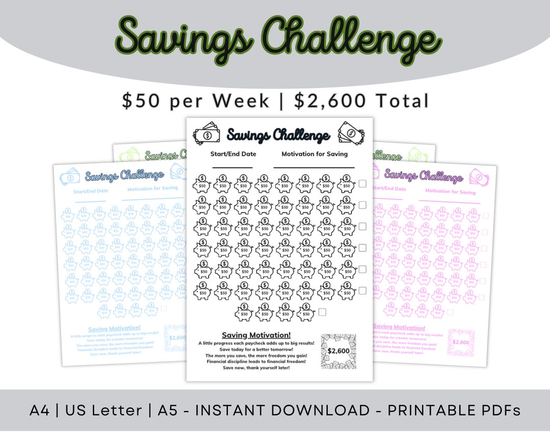 50 per Week | Weekly Savings Challenge | 3 Sizes: A4, US Letter, A5 ...