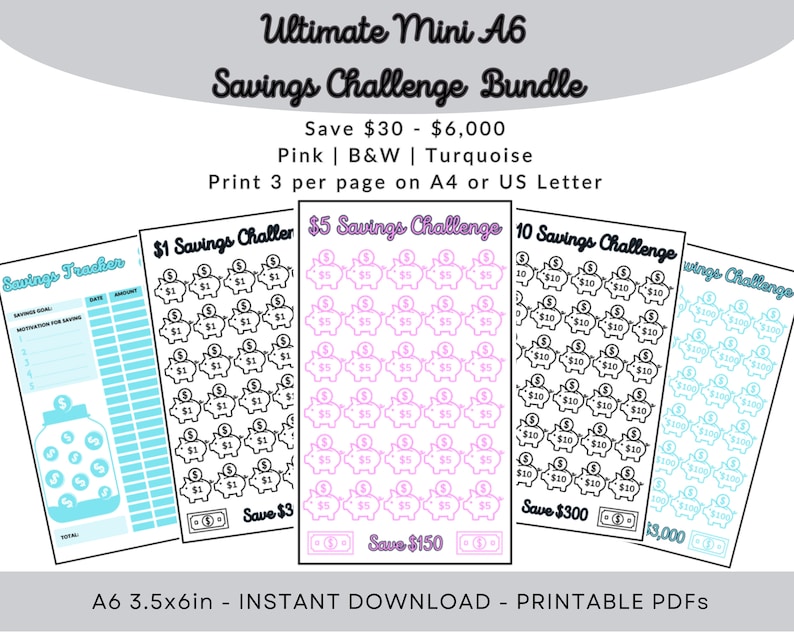 Mini A6 Savings Challenge Printable Bundle, Savings Challenge Trackers ...