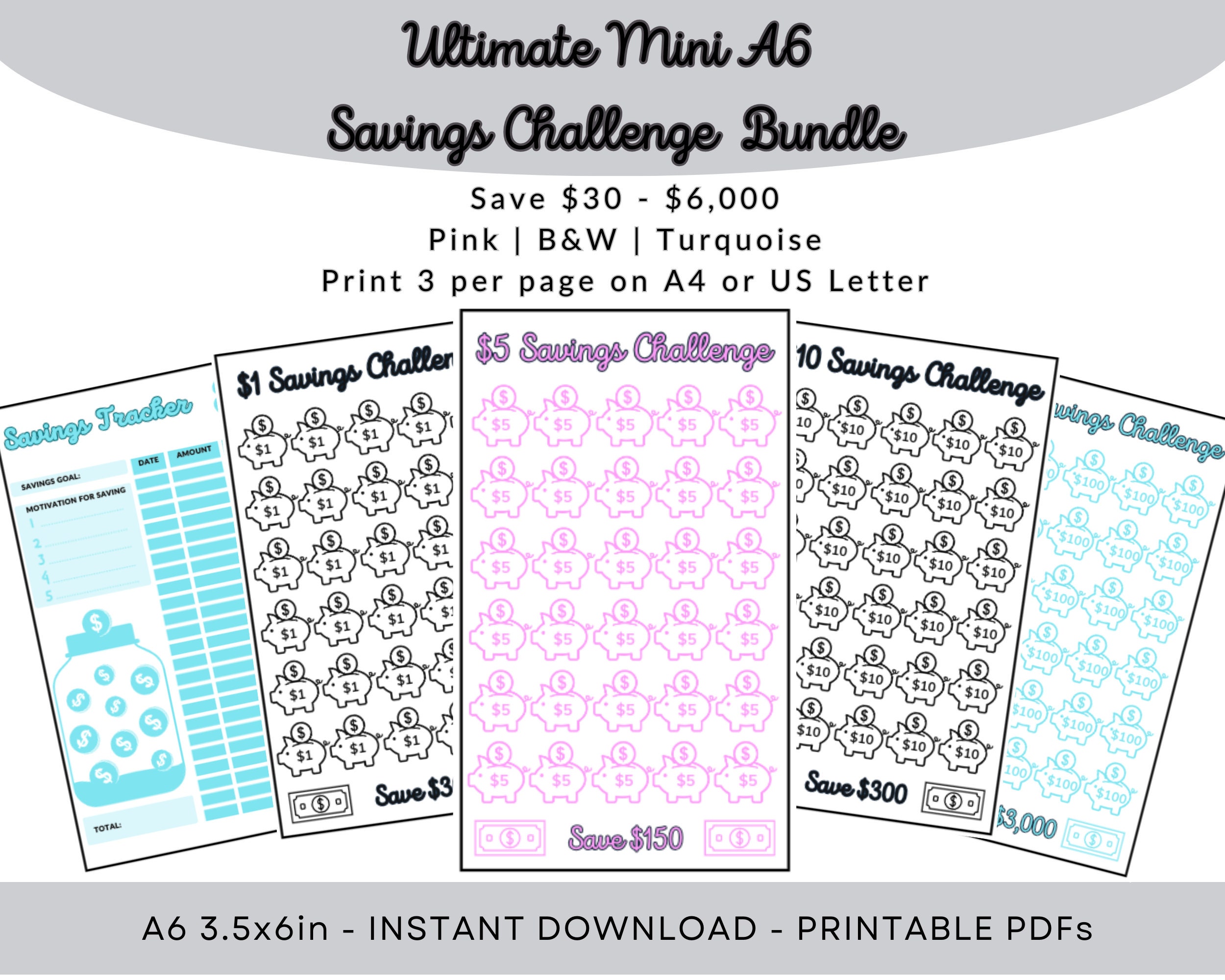 Mini A6 Savings Challenge Printable Bundle, Savings Challenge Trackers ...