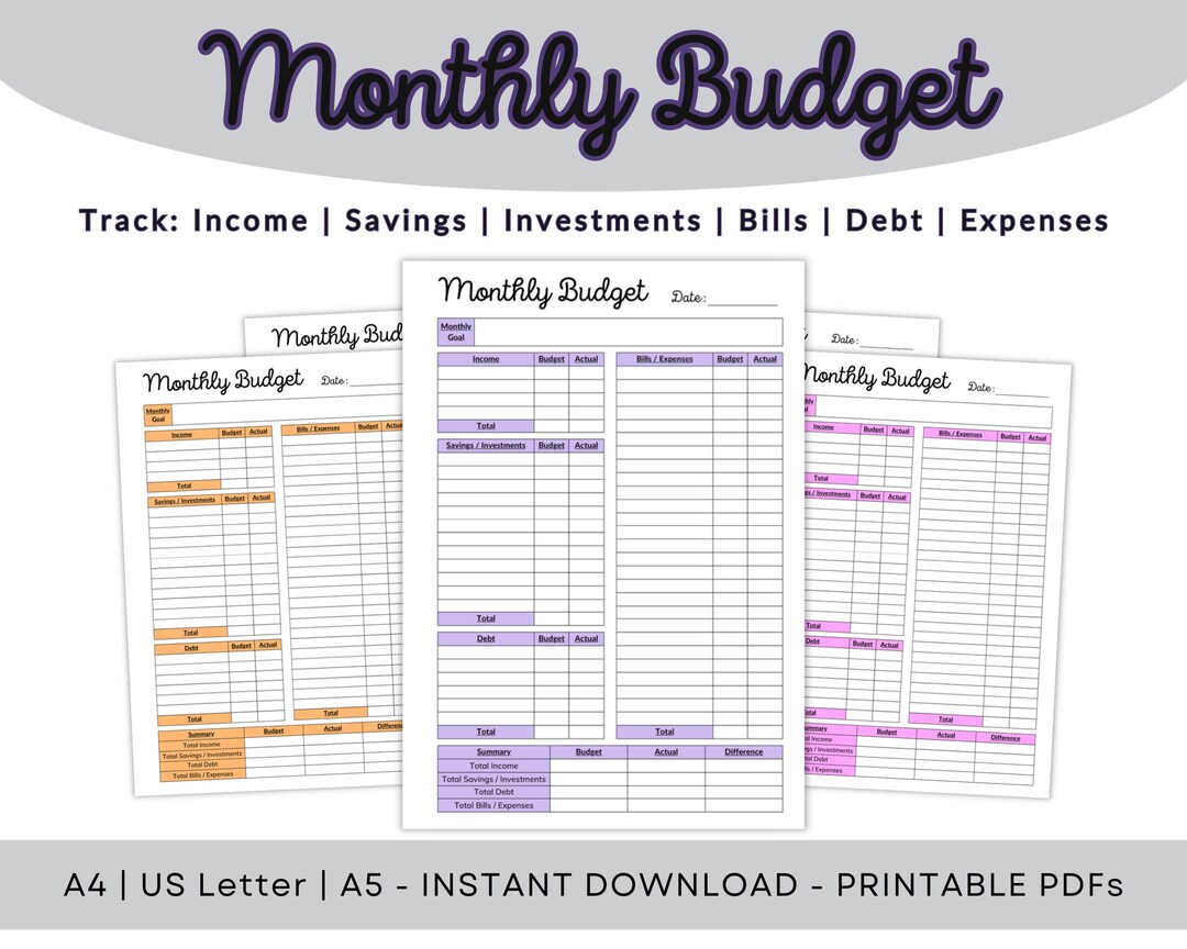Monthly Budget Printable, Monthly Budget Planner PDF Template, 3 Sizes ...