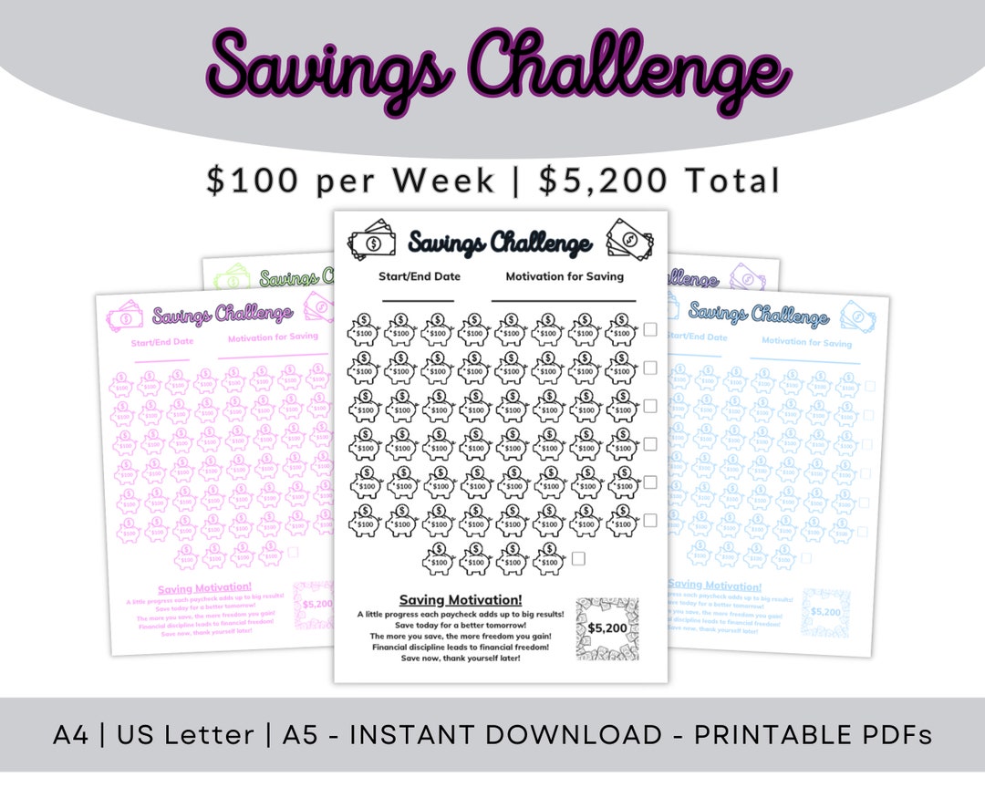 Savings Challenge, 100 per Week, 52 Weeks Challenge, Save Cash, Save ...