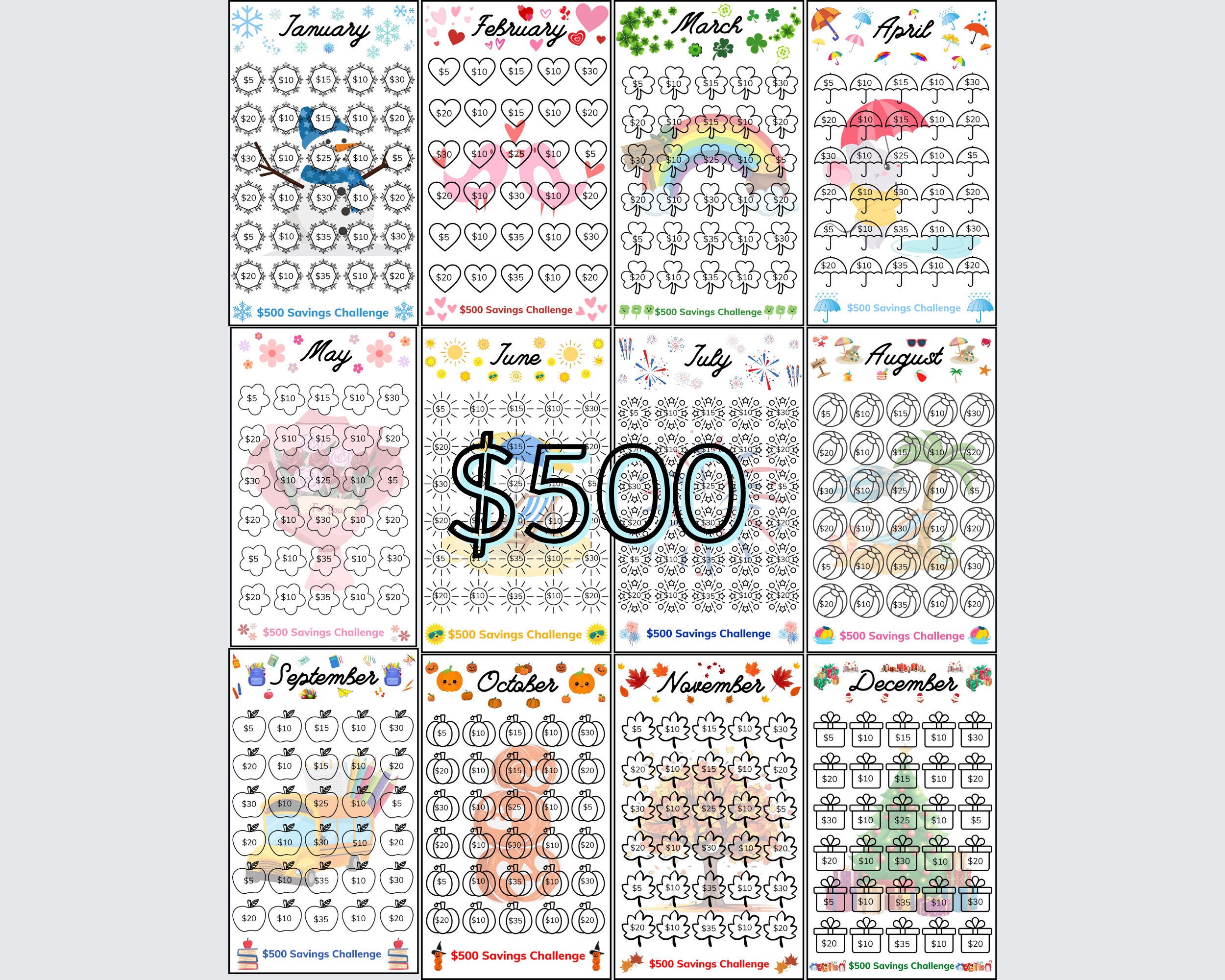 A6 Monthly Savings Challenge Bundle: Color-in Trackers (digital ...