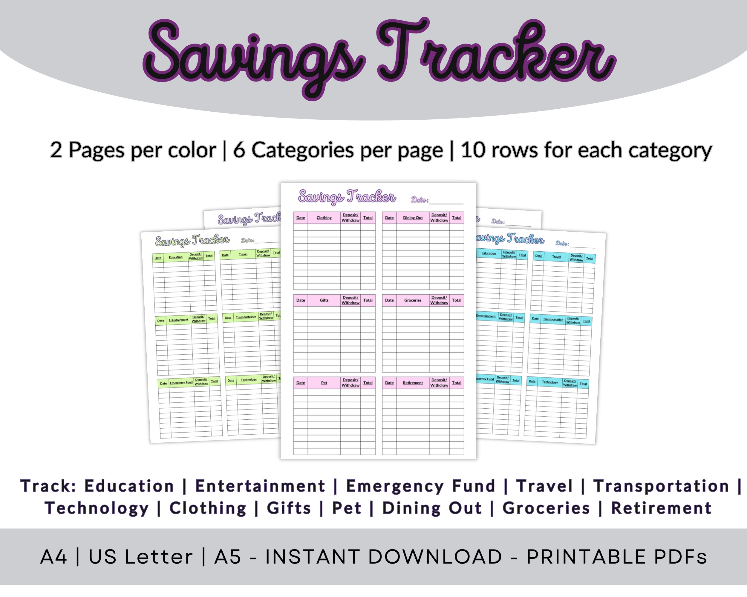 Savings Tracker Printable, Savings Planner, PDF Template Tracker, 3 ...