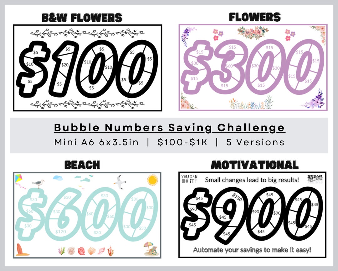 Bubble Numbers Mini A6 Savings Challenge Trackers, Save 1000, Save 500 ...