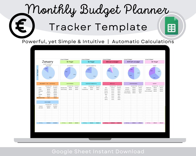 Euro Monthly Budget Tracker: Google Sheets Financial Template (digital ...