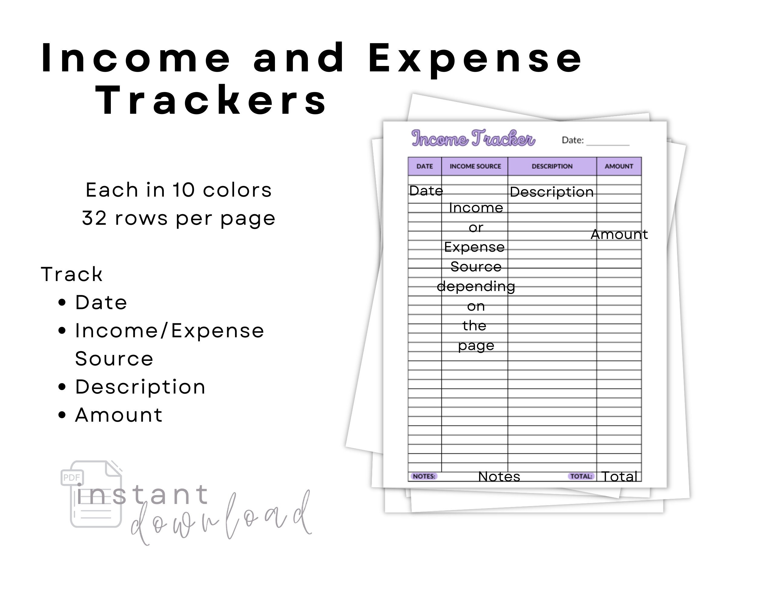 Income and Expense Trackers, Printable, Expense Tracker, Income Tracker ...