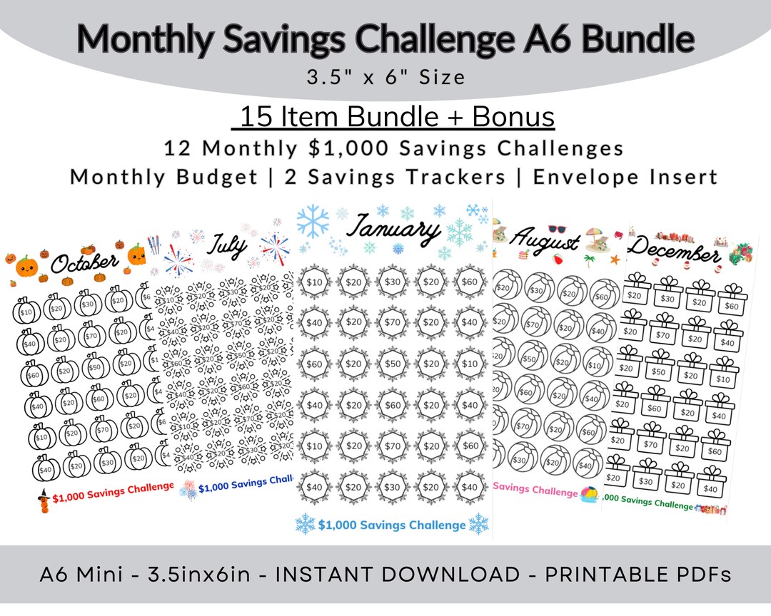 A6 Monthly Savings Challenge, Save 1000, Monthly Saving Tracker, A6 ...