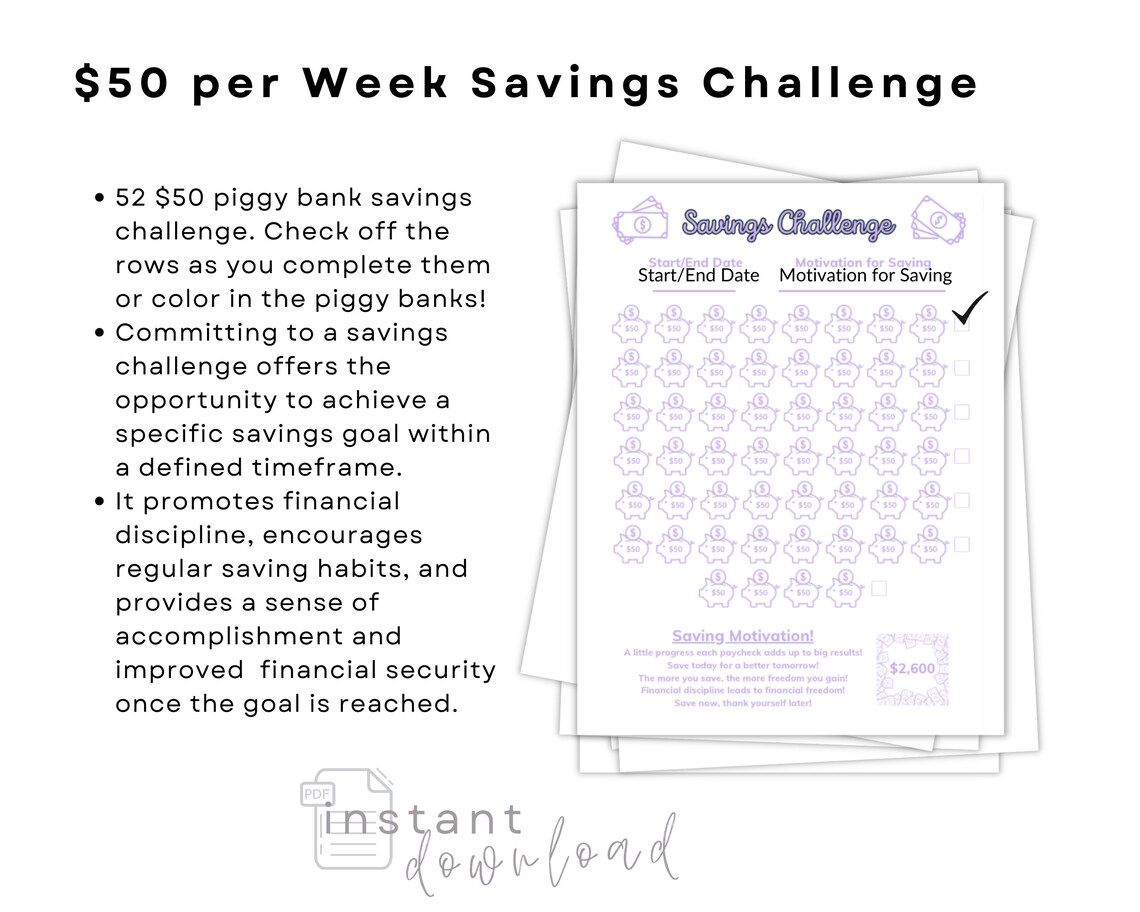 50 per Week | Weekly Savings Challenge | 3 Sizes: A4, US Letter, A5 ...