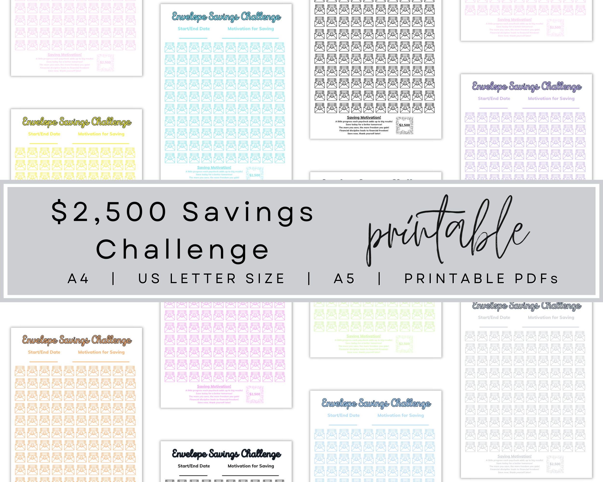 2500 Savings Challenge, 100 Envelope Saving Tracker, A4, A5, US Letter ...