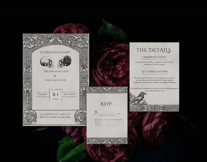 Gothic Wedding Suite Dark Romance Invitation Template Halloween Save the Date, Editable With ...