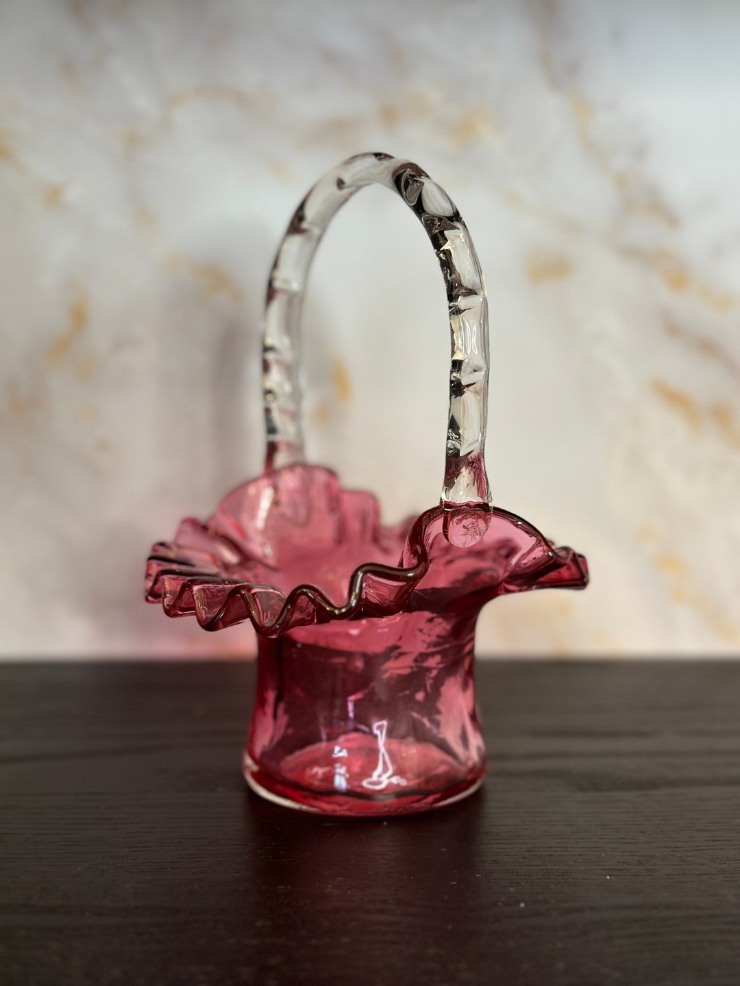 Fenton Cranberry Glass Ruffled Basket With Clear Handle - Etsy