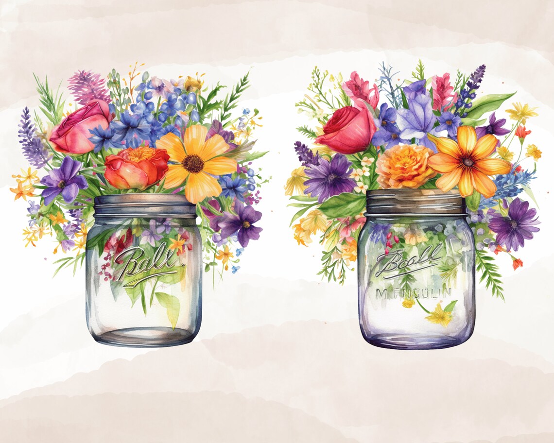 Watercolor Flowers in Mason Jar Clipart - Vase of Flowers Clipart ...
