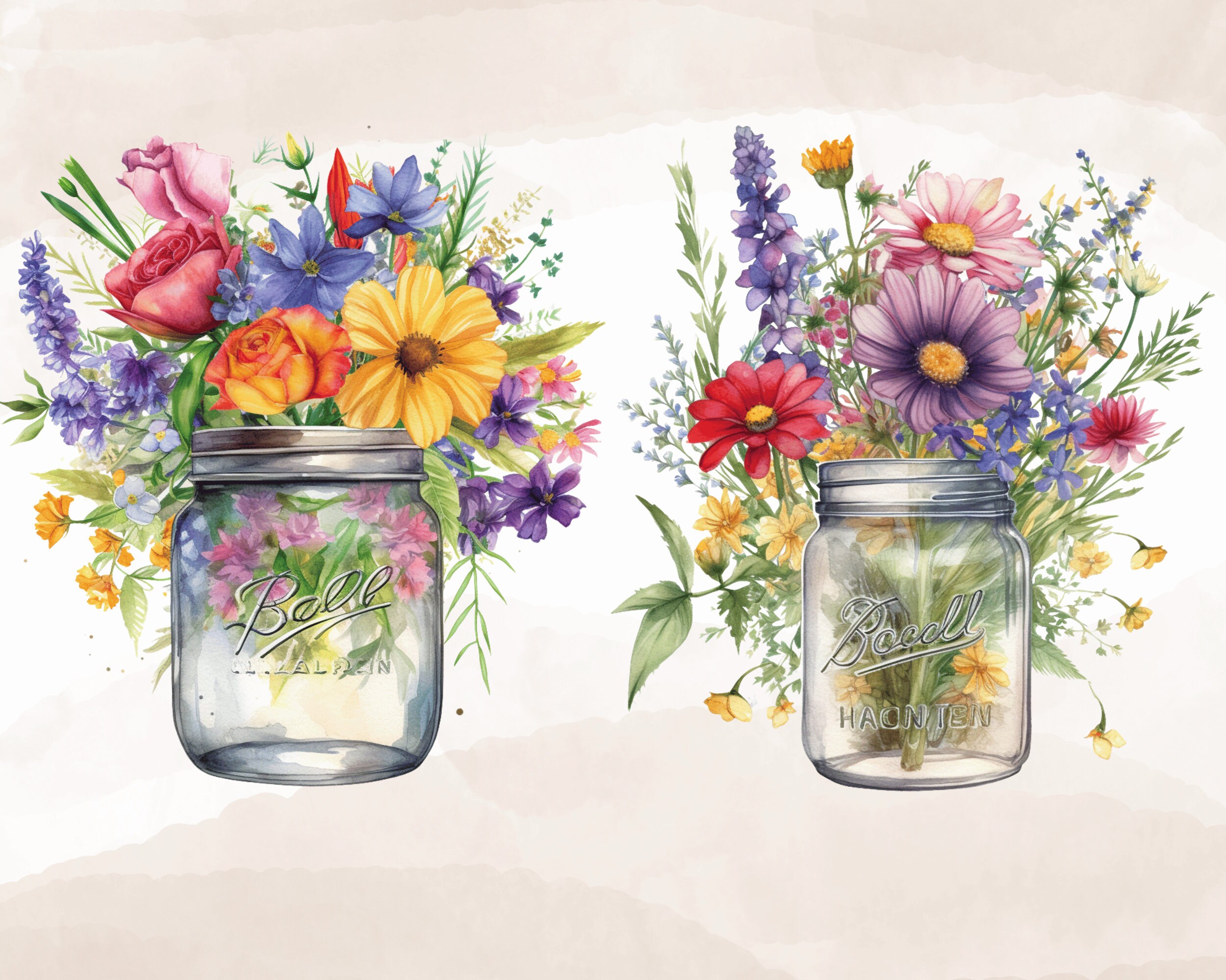 Watercolor Flowers in Mason Jar Clipart Vase of Flowers Clipart, Floral ...
