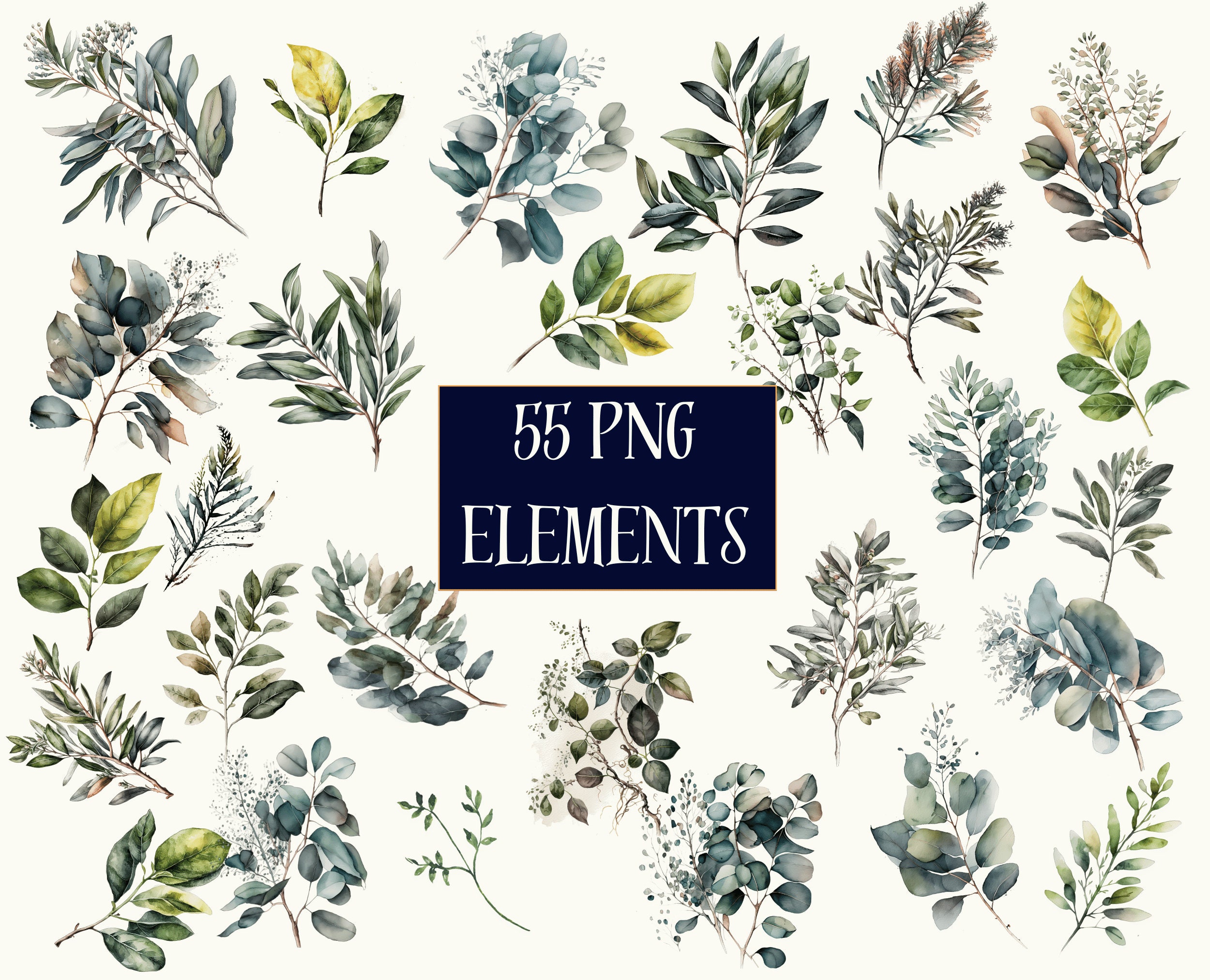 Watercolor Greenery Clipart Bundle - 75 Botanical Elements for DIY ...
