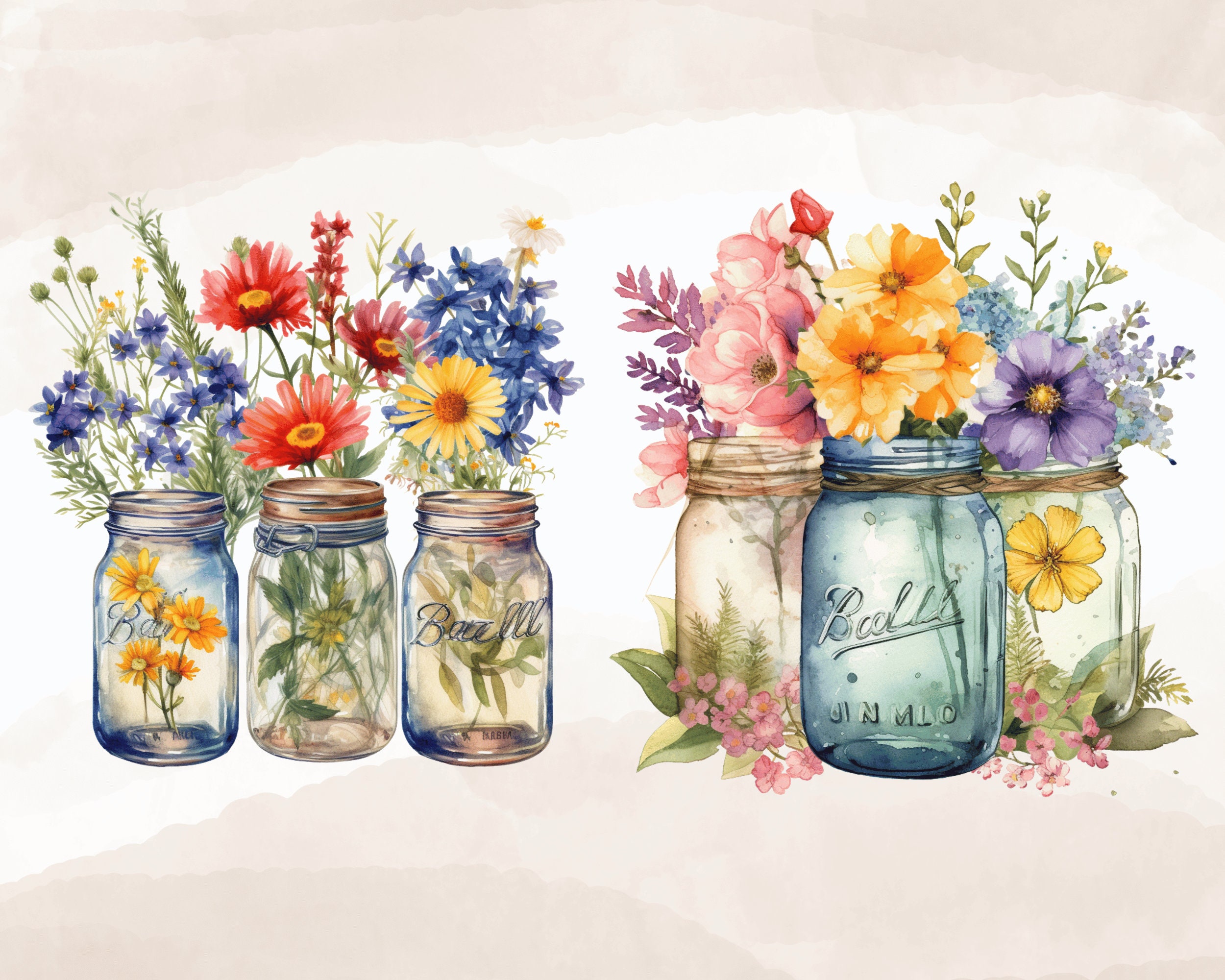 Watercolor Flowers in Mason Jar Clipart Vase of Flowers Clipart, Floral ...