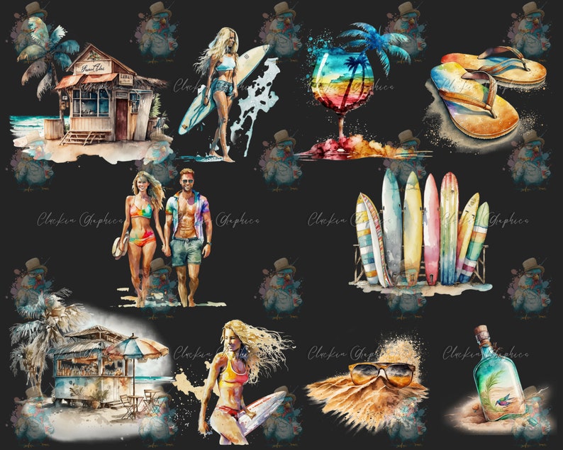 Watercolor Beach Clipart Set - Summer Beach Clipart, Watercolor Beach ...