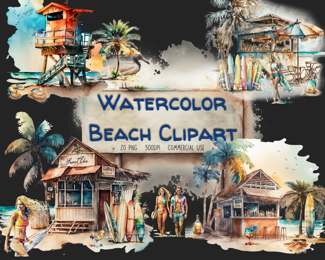 Watercolor Beach Clipart Set Summer Beach Clipart, Watercolor Beach ...