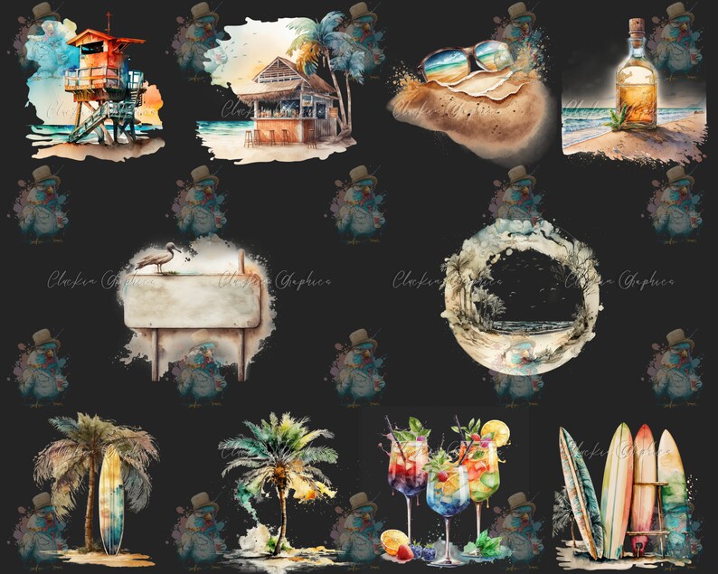 Watercolor Beach Clipart Set - Summer Beach Clipart, Watercolor Beach ...