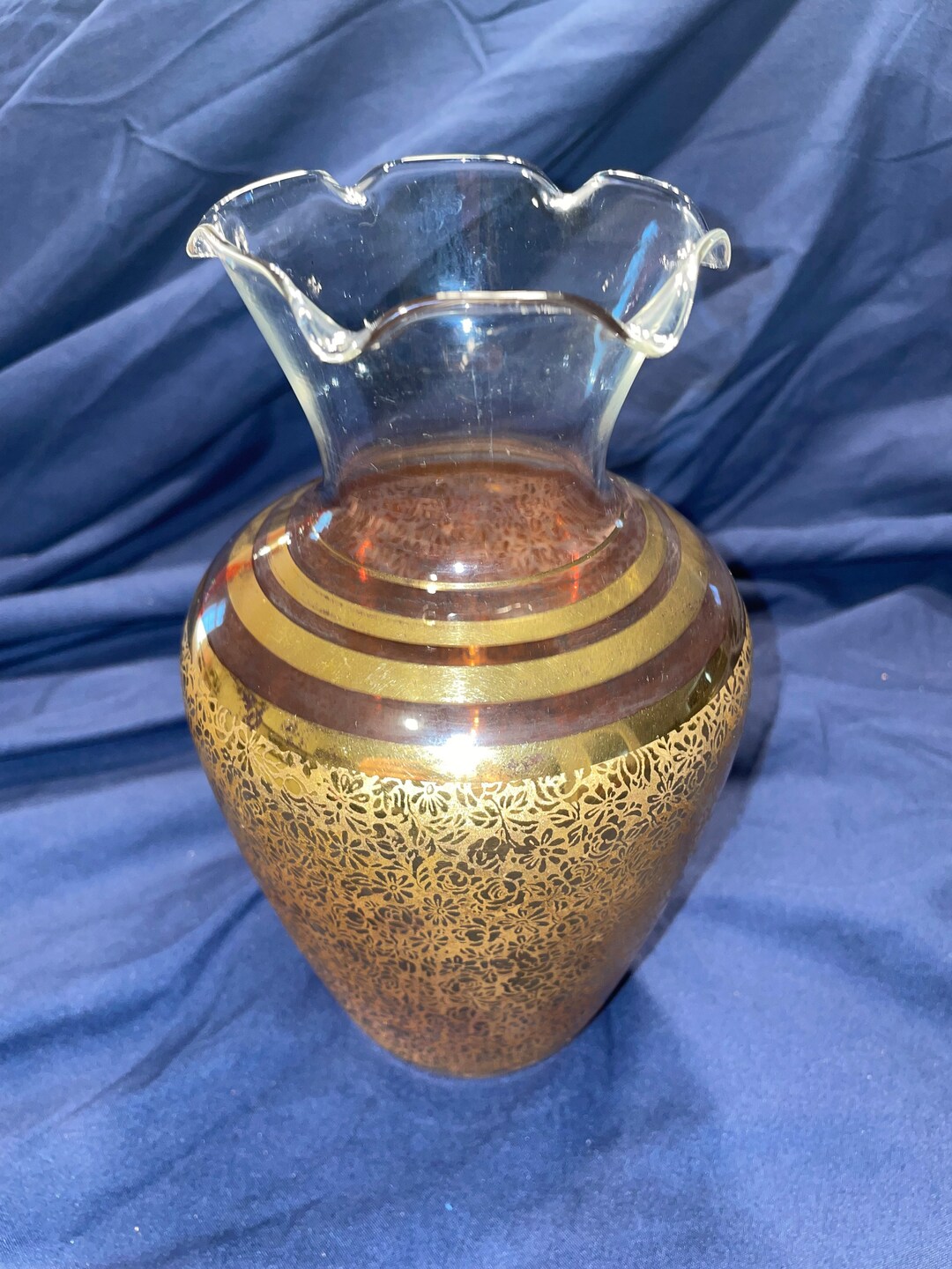 Vintage Ransgil Crystal Glass 22k Gold Floral Overlay Ruffled Vase 6 ...