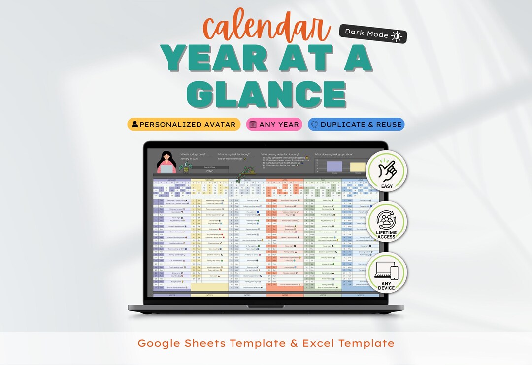 Year at a Glance Google Sheets Template Digital Planner Templates ...