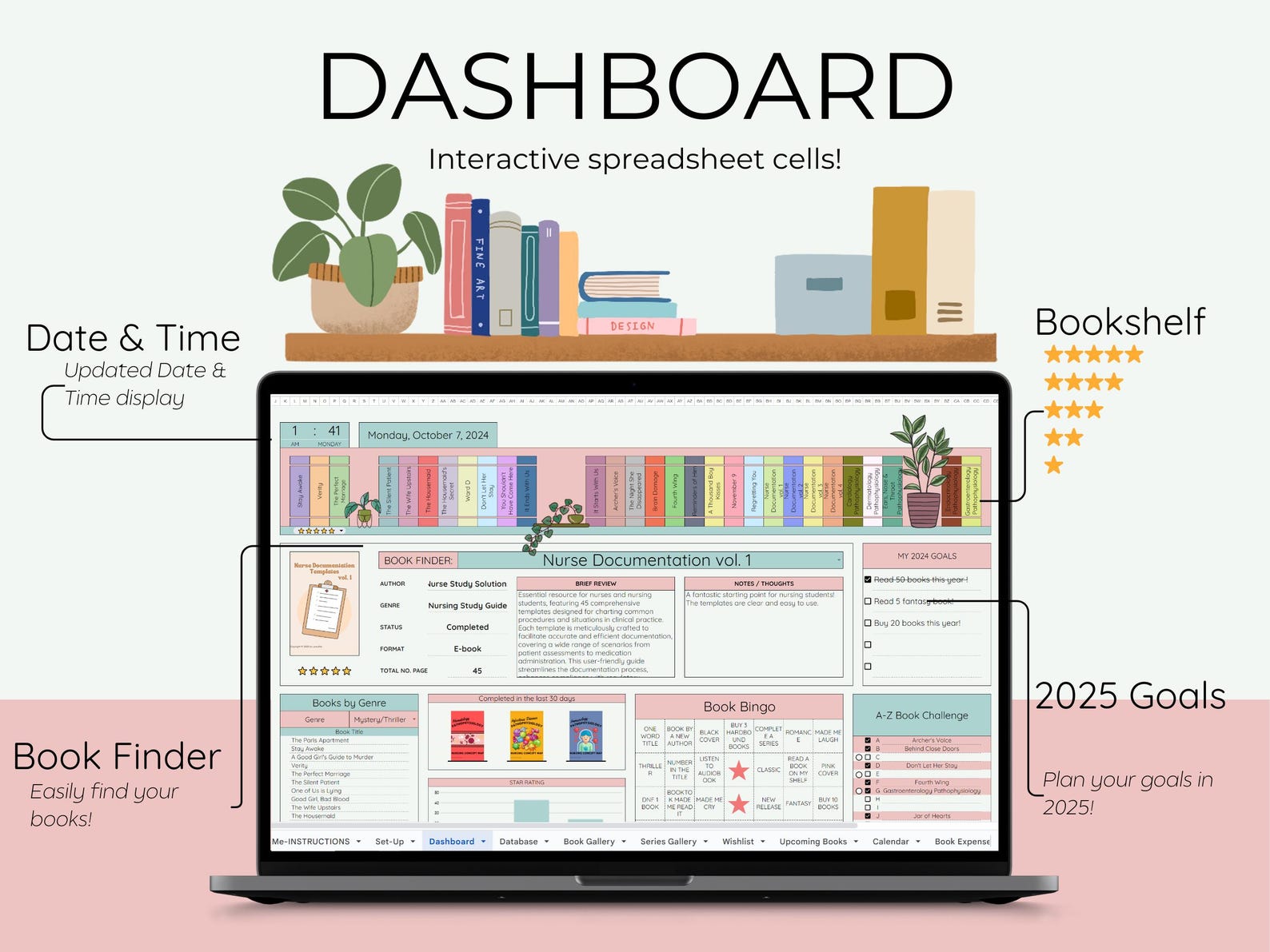 2025 Reading Planner Spreadsheet Digital Reading Book Tracker TBR Book List Book Journal ...