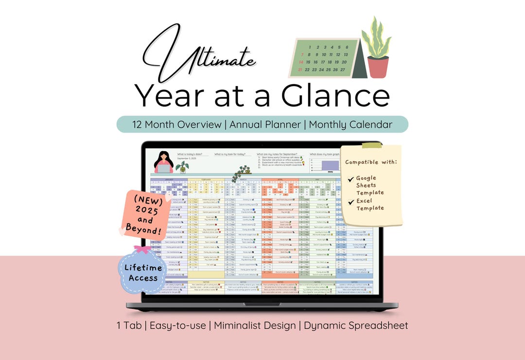Year at a Glance Calendar Google Sheets Template Excel Template 12 ...