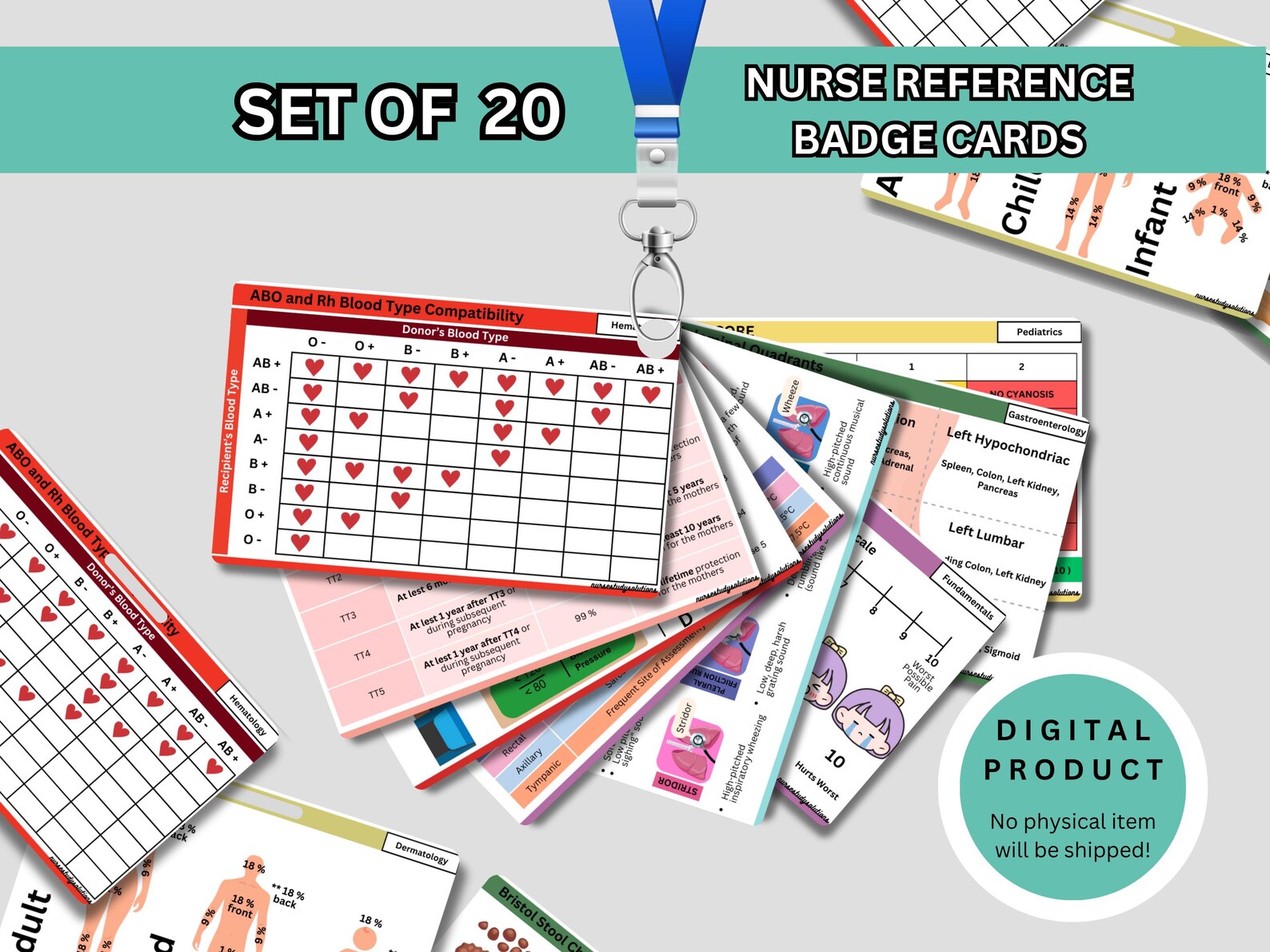 Set of 20 Complete Nurse Reference Badge Card Pack Bundle Emergency ...
