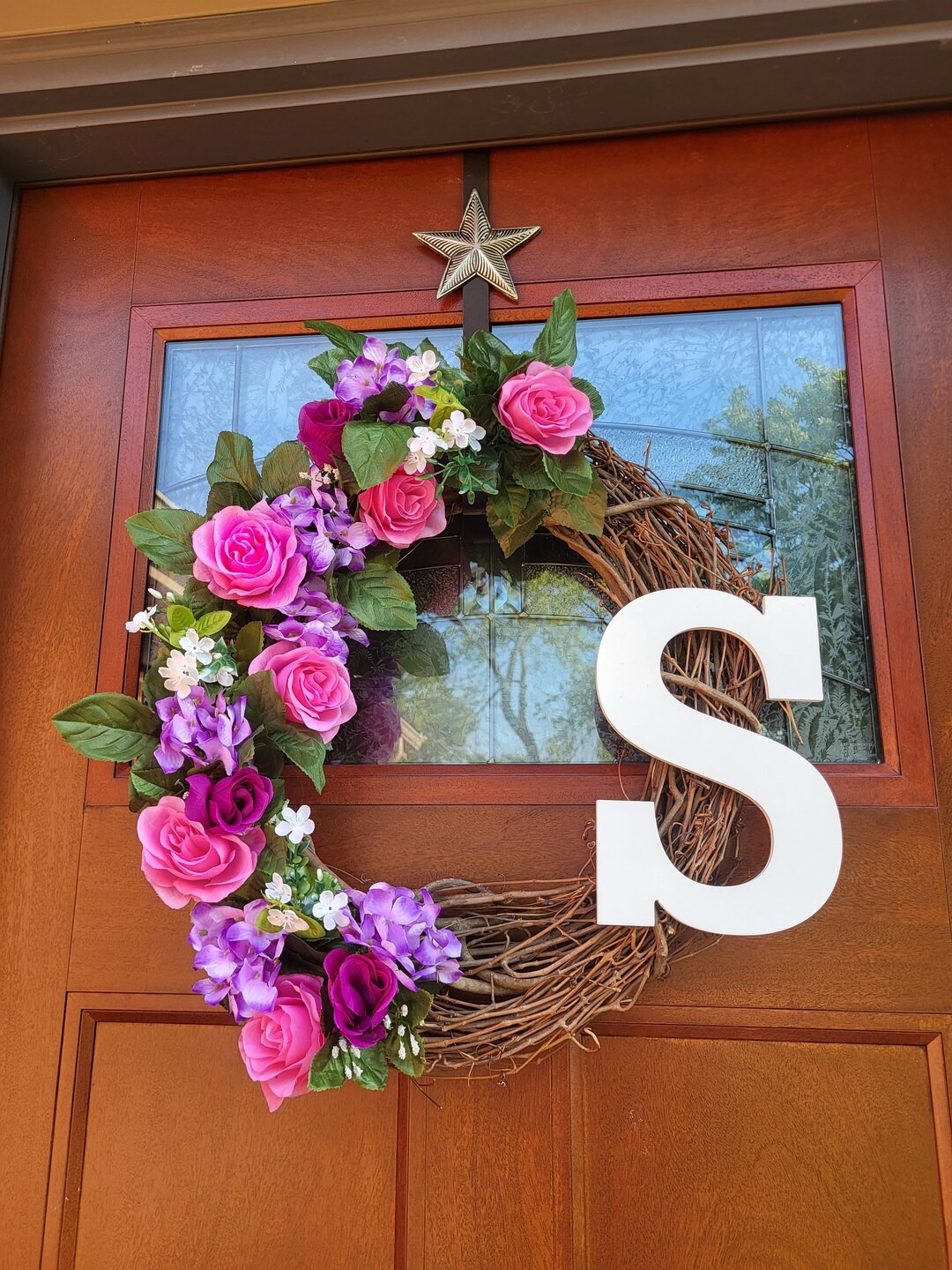 Pink and Purple Roses Wreath With Hydrangeas on 18 Inch Grapevine That ...
