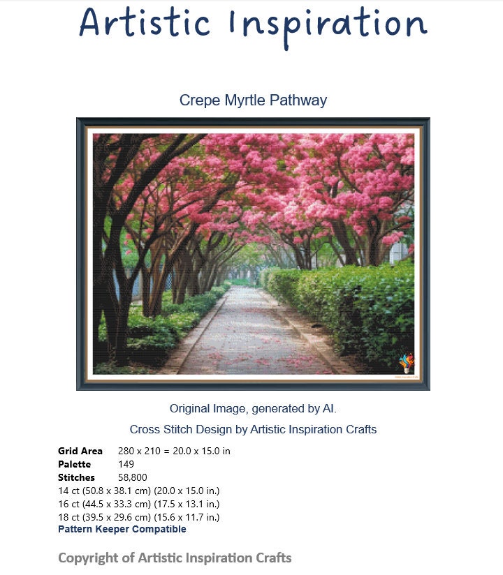 HD Crepe Myrtle Pathway Cross Stitch Pattern | Serene Floral Scene ...