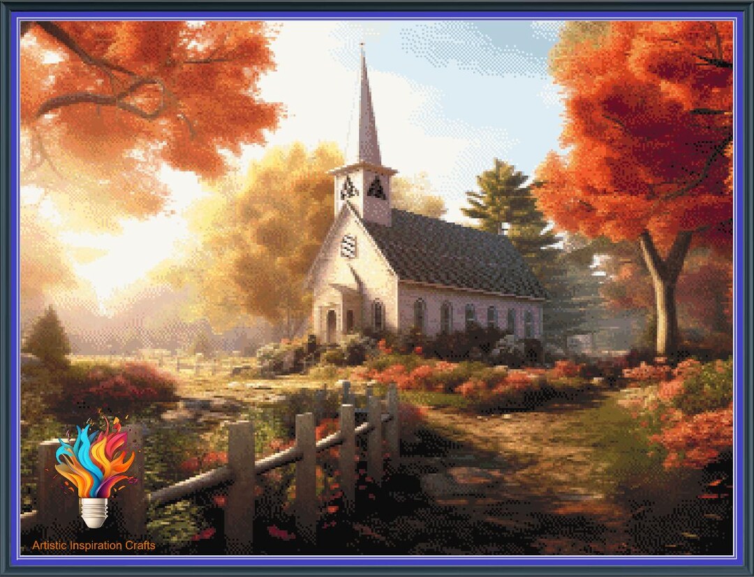 Country Church in Autumn Cross Stitch Pattern | Peaceful Landscape ...