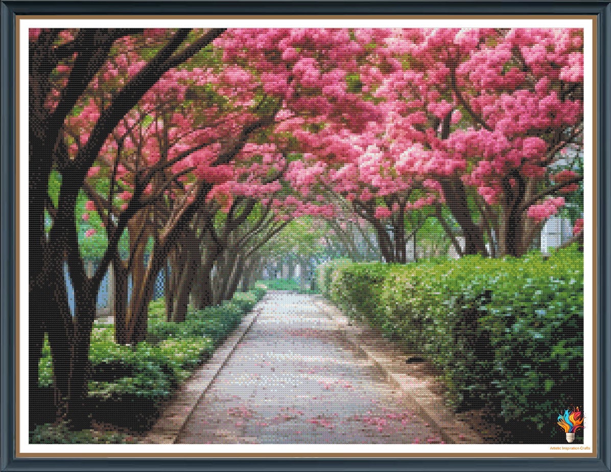 HD Crepe Myrtle Pathway Cross Stitch Pattern | Serene Floral Scene ...