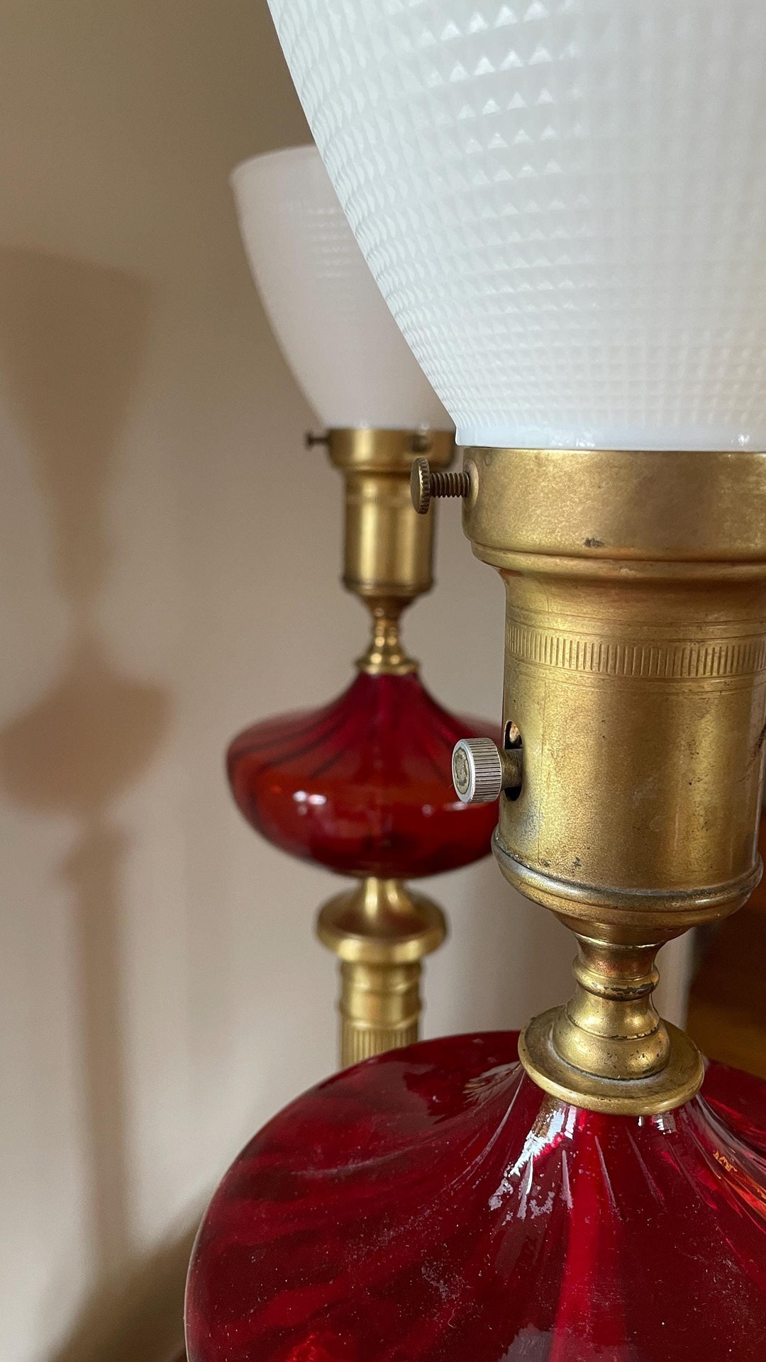 Vintage Cranberry Glass Lamps With Brass Base, Original Diffusers ...