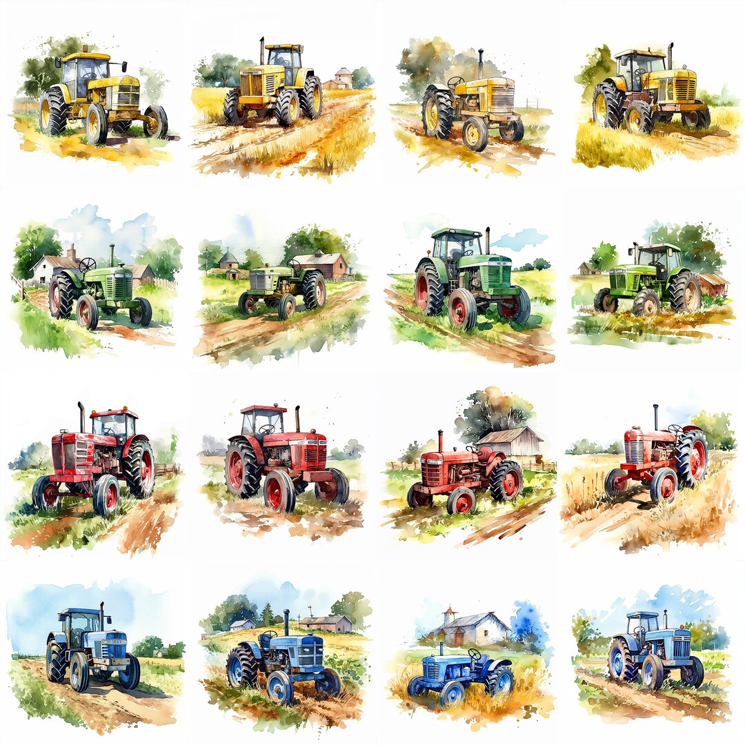 Watercolor Farm Tractors Clipart - 16 High Quality Pngs - Digital ...