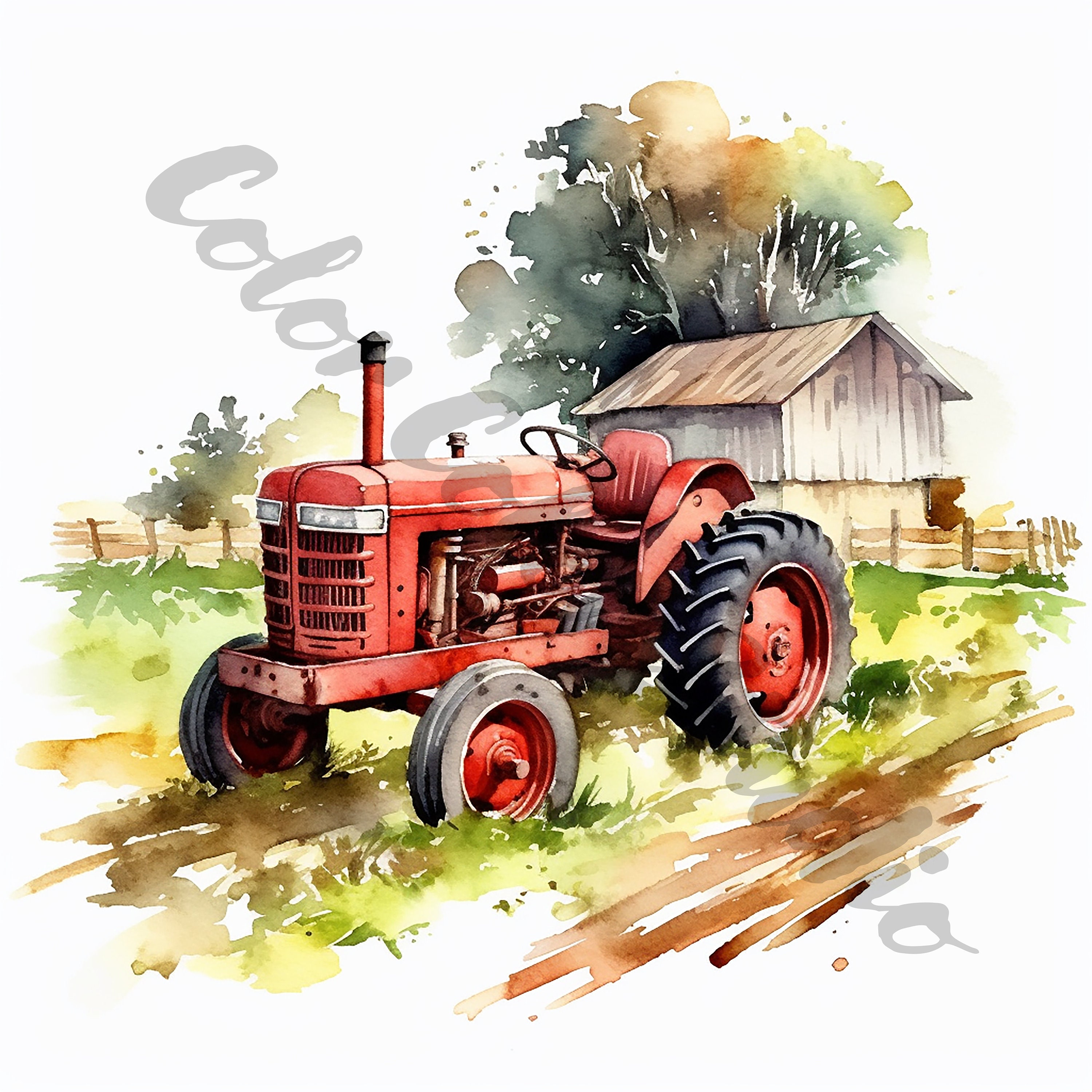 Watercolor Farm Tractors Clipart - 16 High Quality Pngs - Digital ...