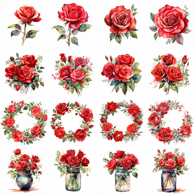 Watercolor Red Rose Clipart - 16 High Quality Pngs - Digital Download ...