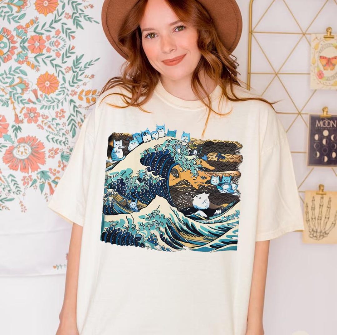 KAM47A Blue Cats Wave for Kamala Funny Cat Lady President Shirt, Ukiyo ...