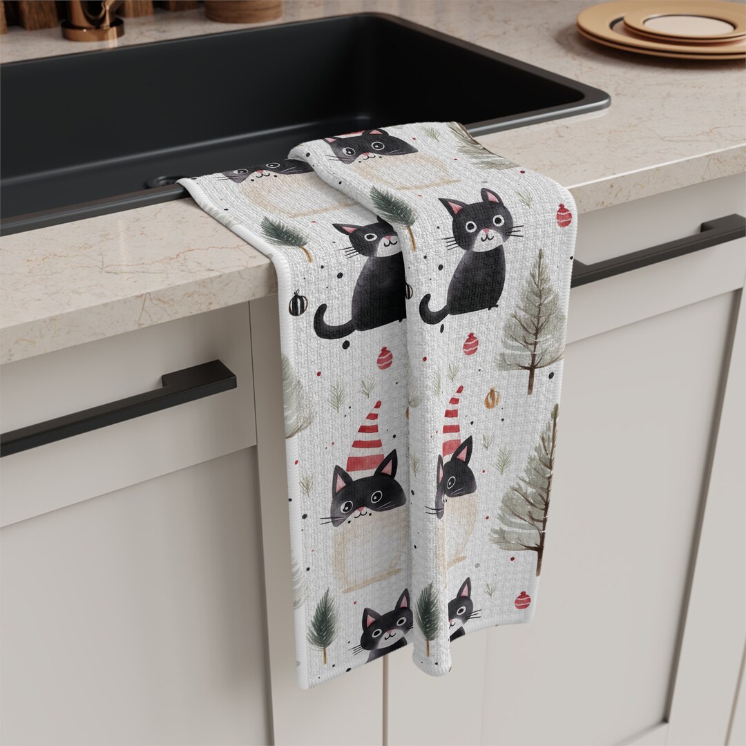 Christmas Cat Kitchen Towel, Christmas Dish Towel, Christmas Kitchen ...