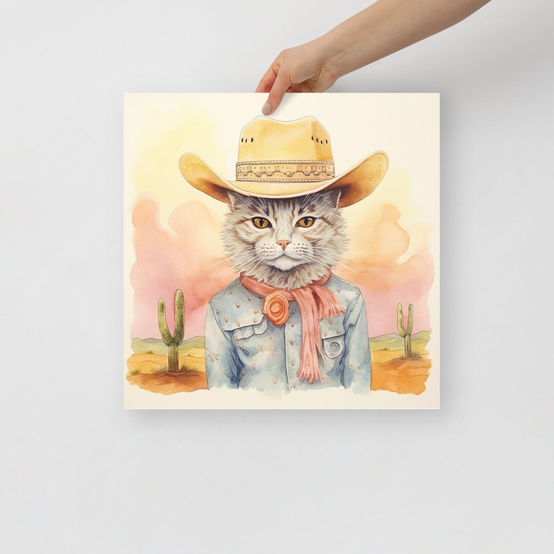 Watercolor Cowboy Cat Art Print, Quirky Wall Art, Western, Cats ...