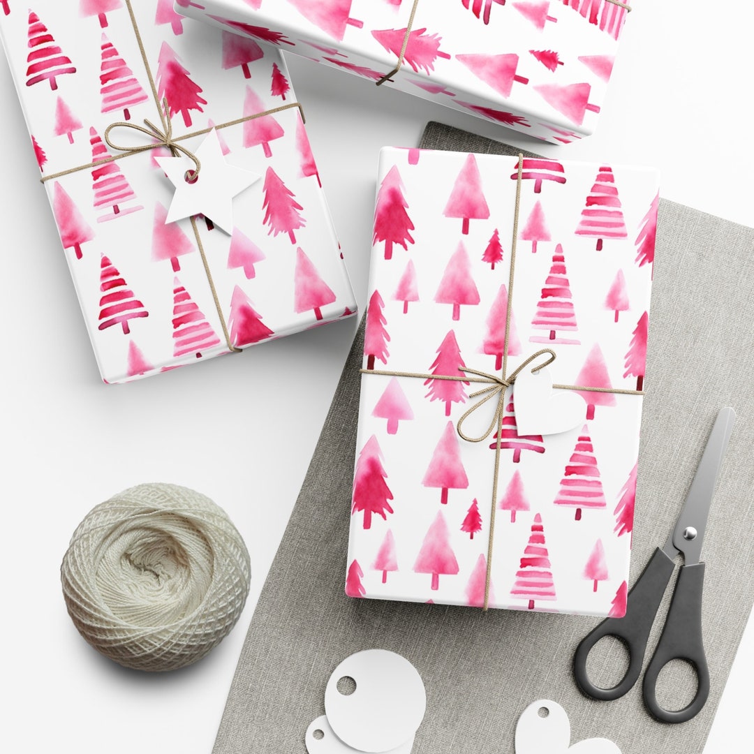 Pink Christmas Gift Wrapping Paper, Christmas Trees, Stationary ...