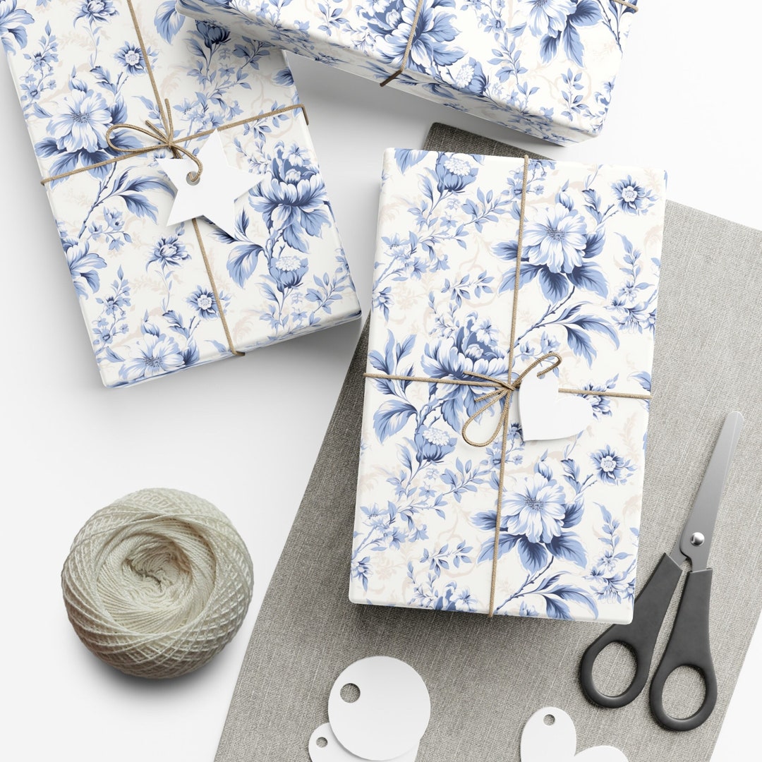 Blue Floral Gift Wrapping Paper, Baby Shower, Bridal Shower, Summer ...