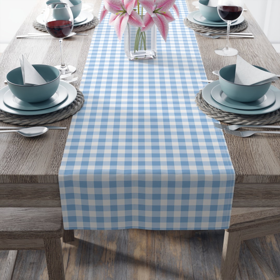 Gingham Table Runner, Fall Runner, Baby Shower, Light Blue Gingham ...