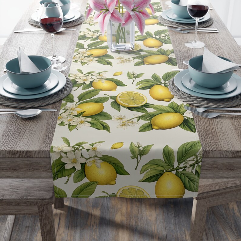 Lemon Print Table Runner, Spring Kitchen Runner, Citrus Table Runner, Summer Table Runner, Lemon ...